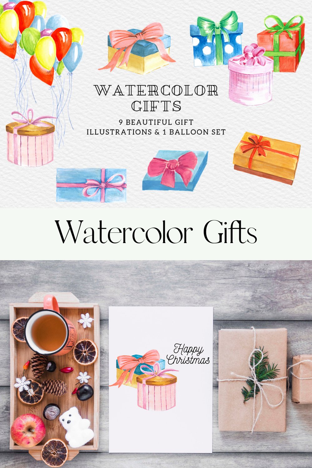 Watercolor Gift Boxes Presents, Hand painted Balloons Set