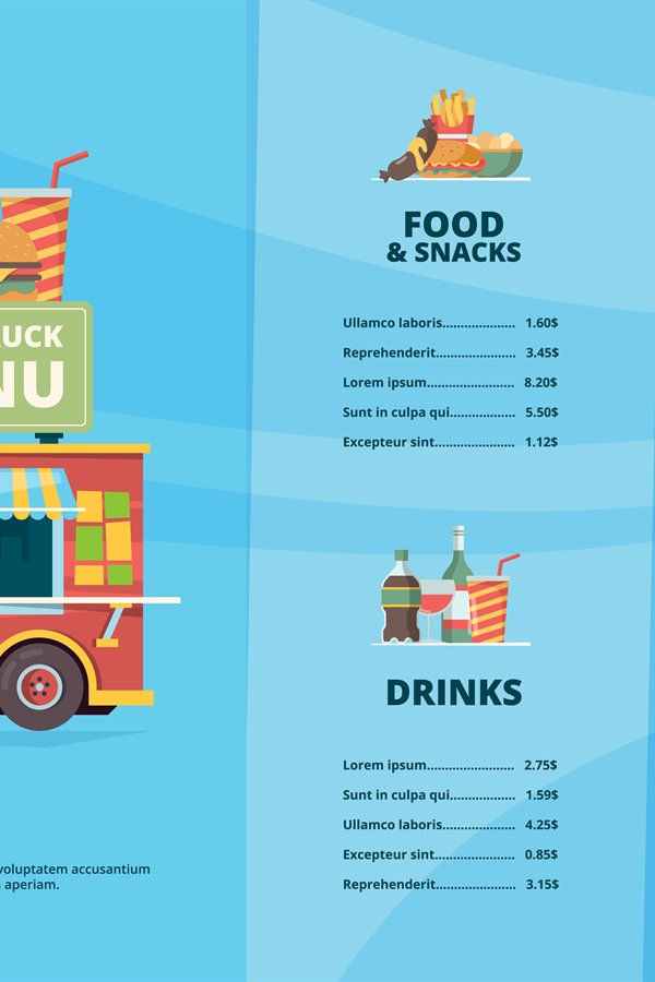 Food truck menu. Urban fast food restaurant street festival