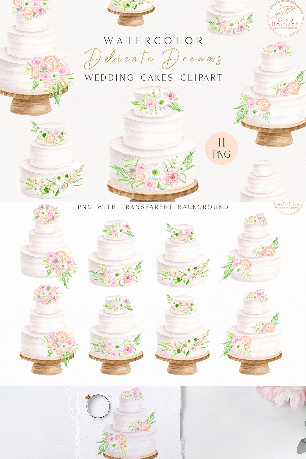 Watercolor Wedding Cake with Flowers Clipart