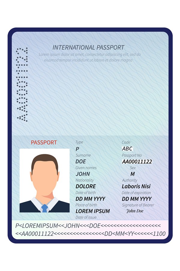 Passport. Open id document with male photo portrait and blan