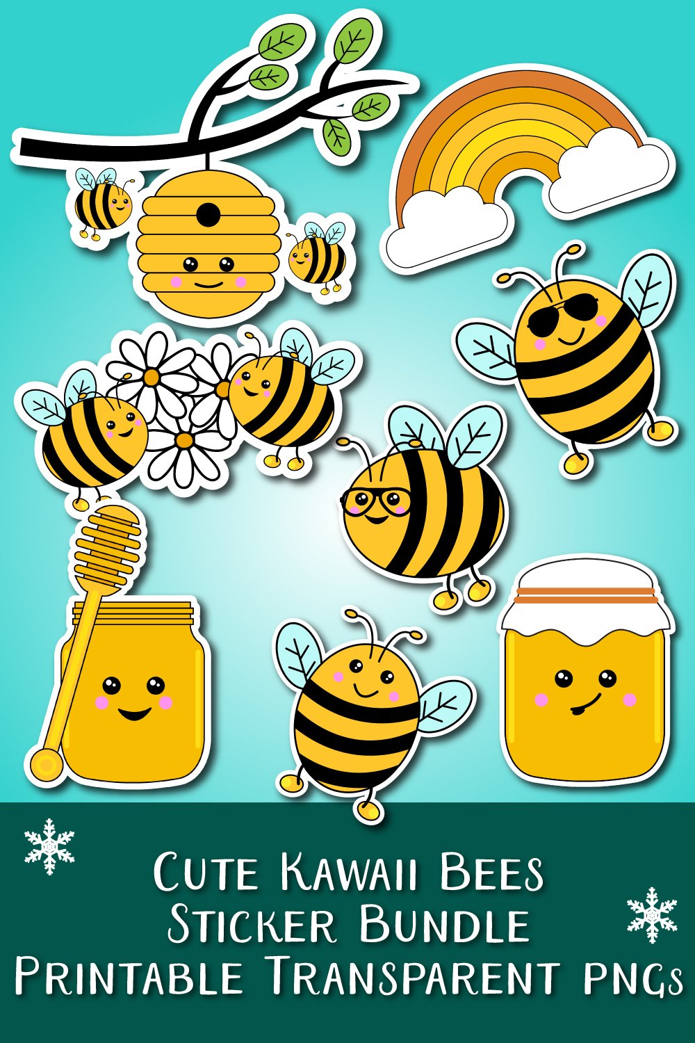 Cute Kawaii Bees Printable Summer Stickers Bundle