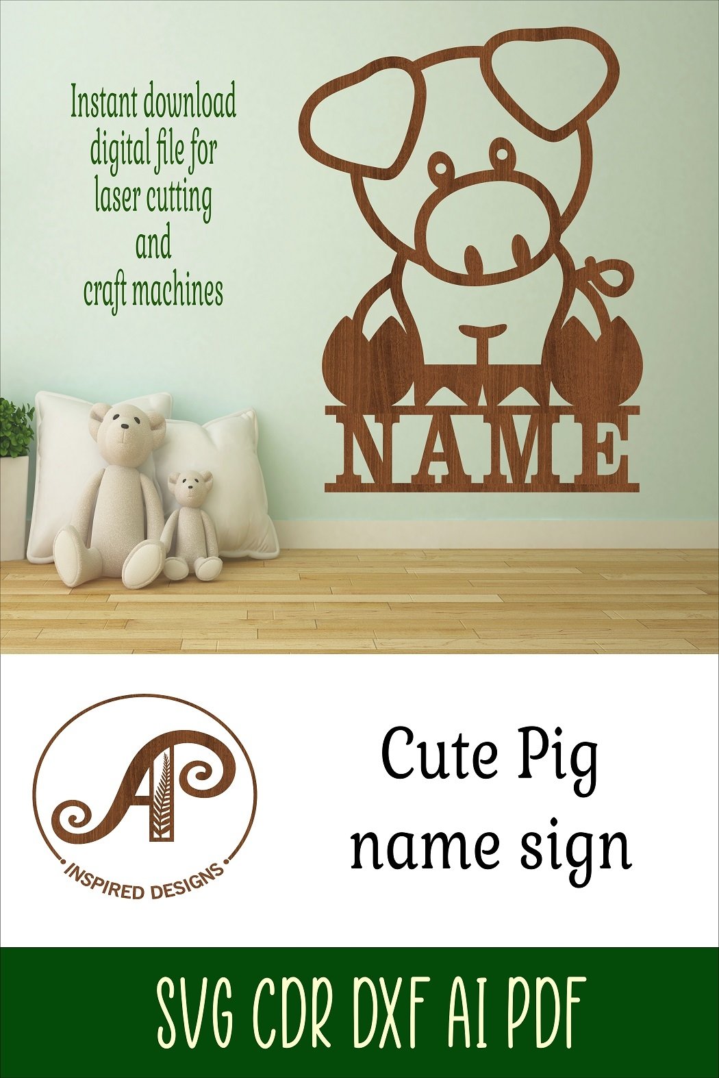 Cute Pig Name sign svg laser cut template, wall