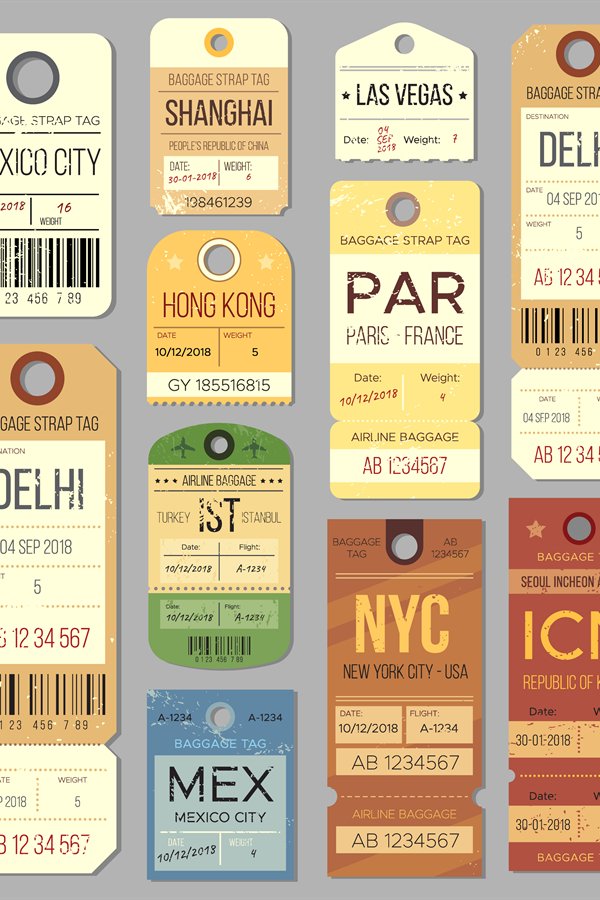 Luggage tags and tickets for passenger with country destinat
