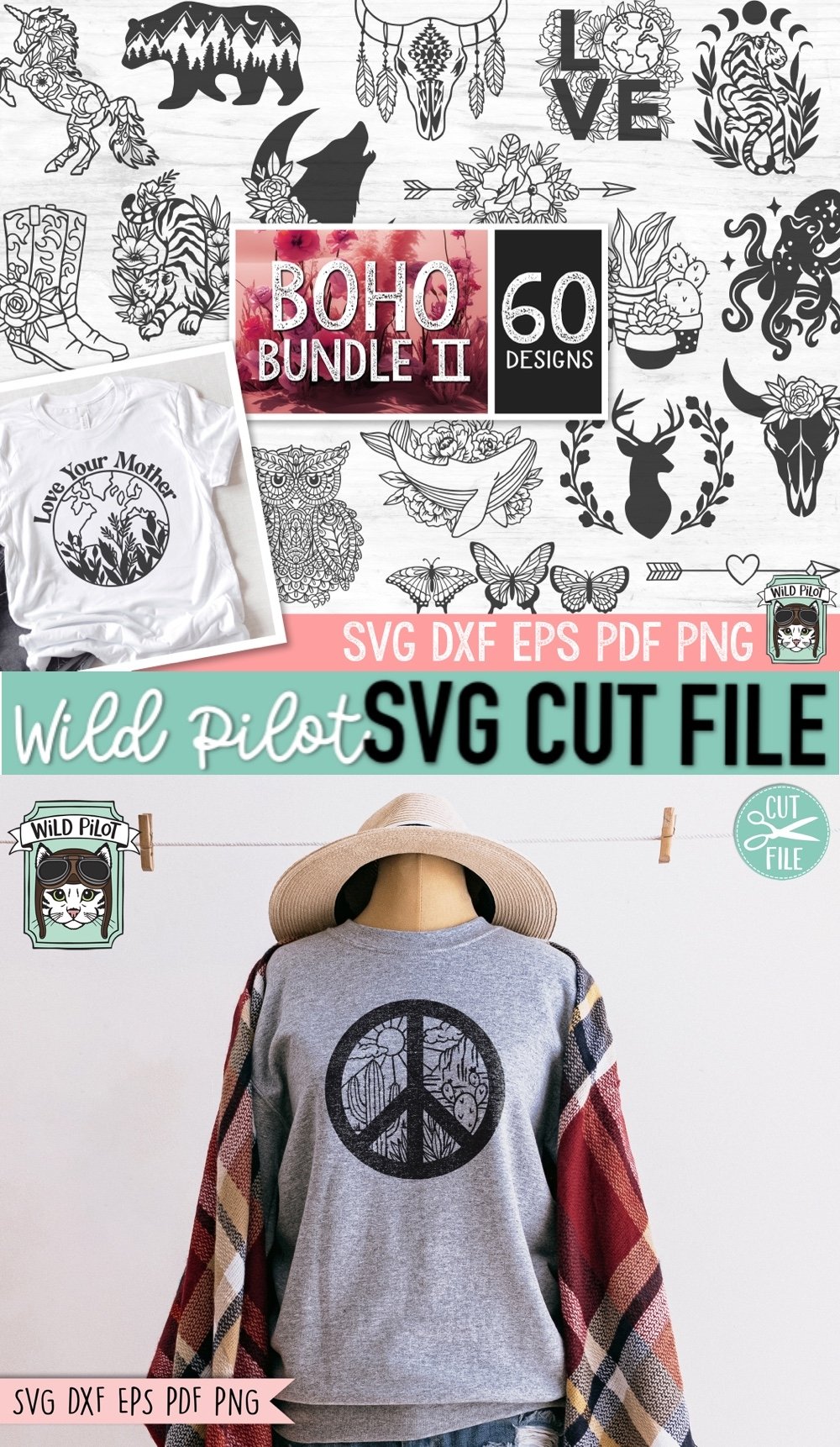 Boho Bundle SVG Files, Desert, Cactus SVG, Floral Cow Skull