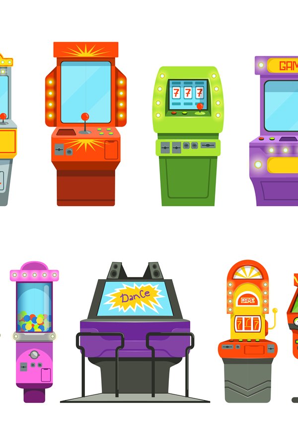 Vector colored illustrations of games machines. Driving simu