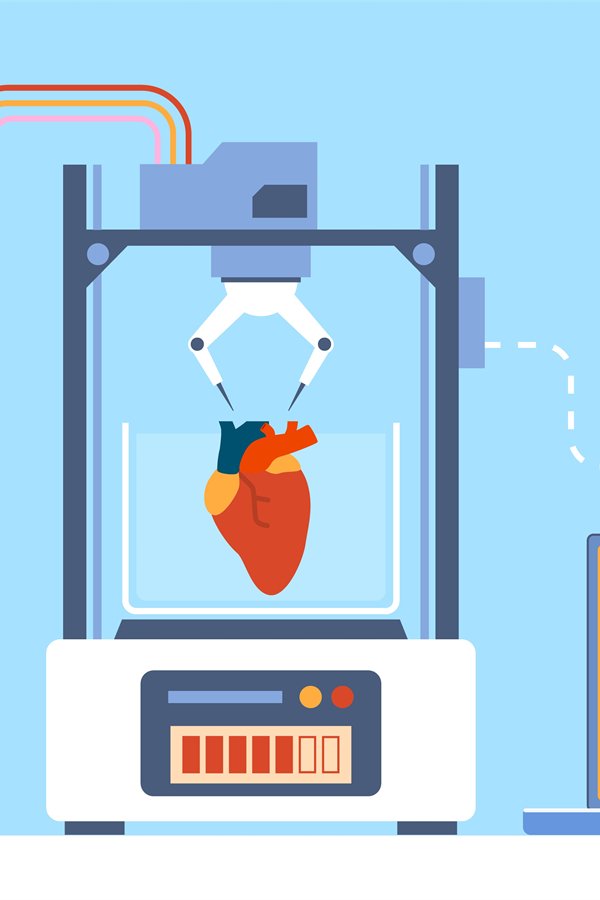 Medical 3D printing. Robotic machine prints heart. Creating