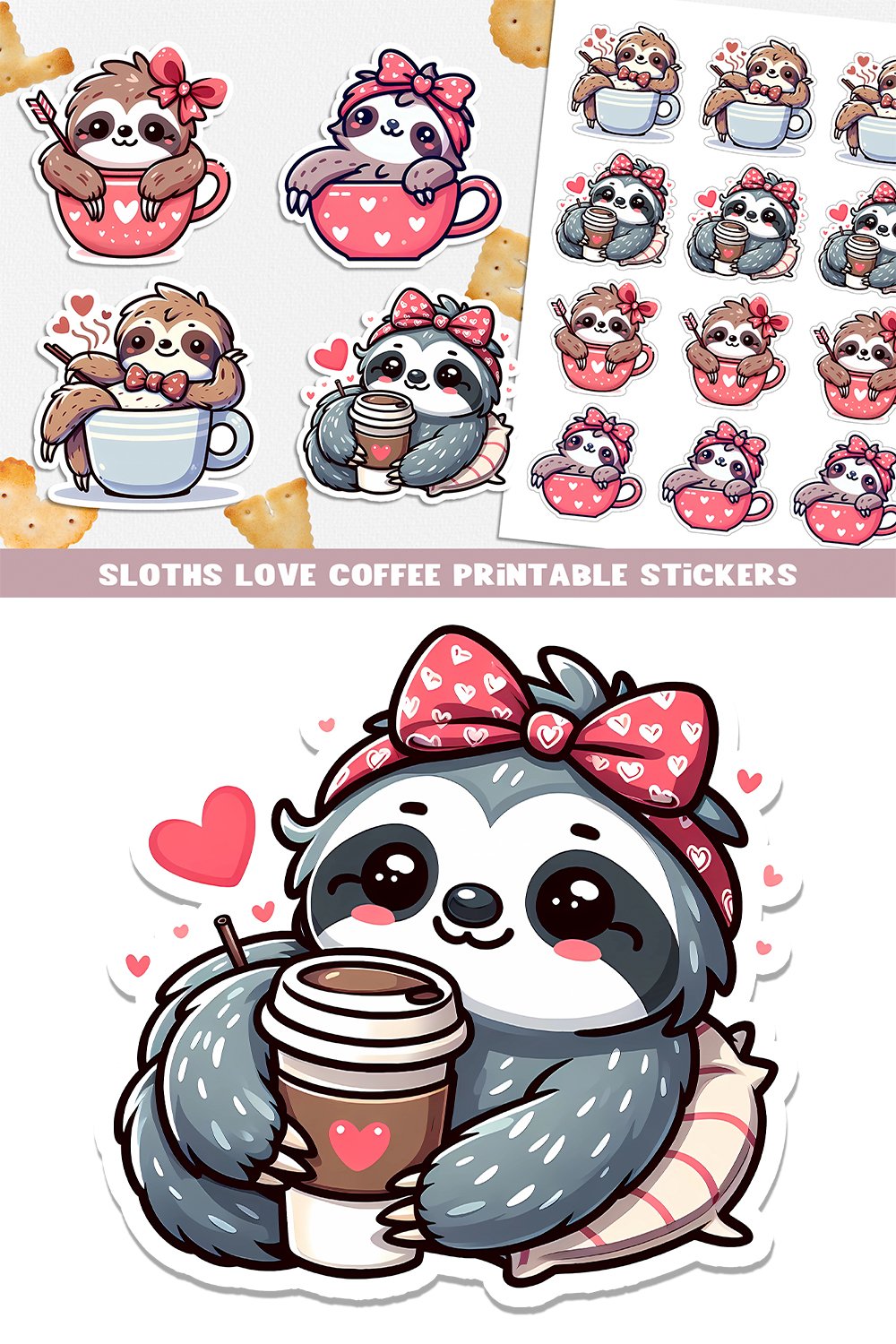 Valentine's day Sloth loves coffee stickers. PNG, JPG.
