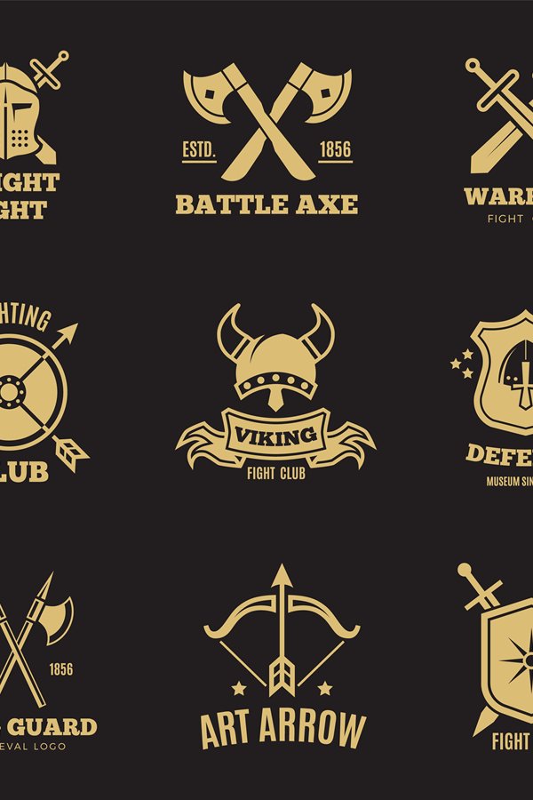 Vintage golden warrior sword and shield labels. Knight vecto