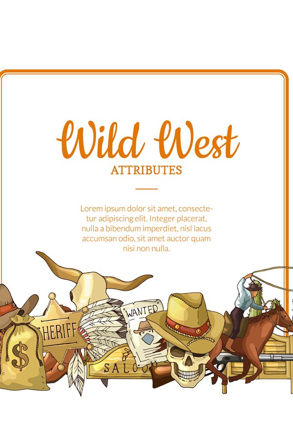 Vector hand drawn wild west cowboy elements below frame with