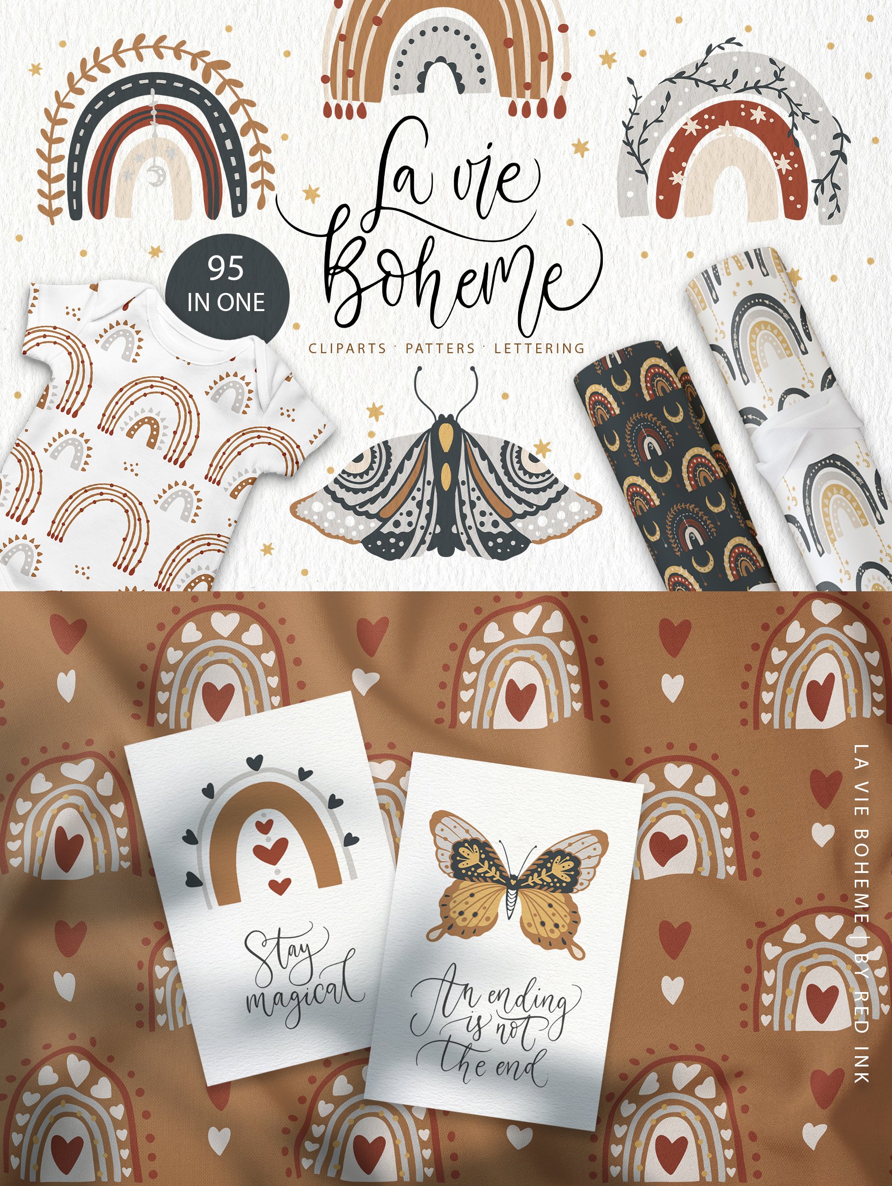 Rainbow & Butterfly. Boho set. Cliparts & Patterns.