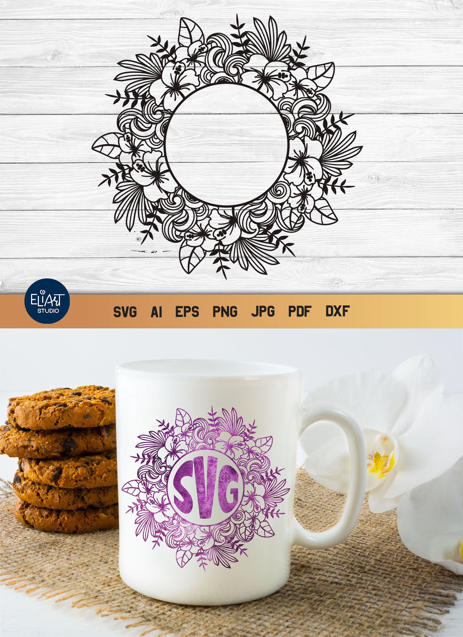 Tropical Circle Monogram SVG | Hibiscus Monogram Design
