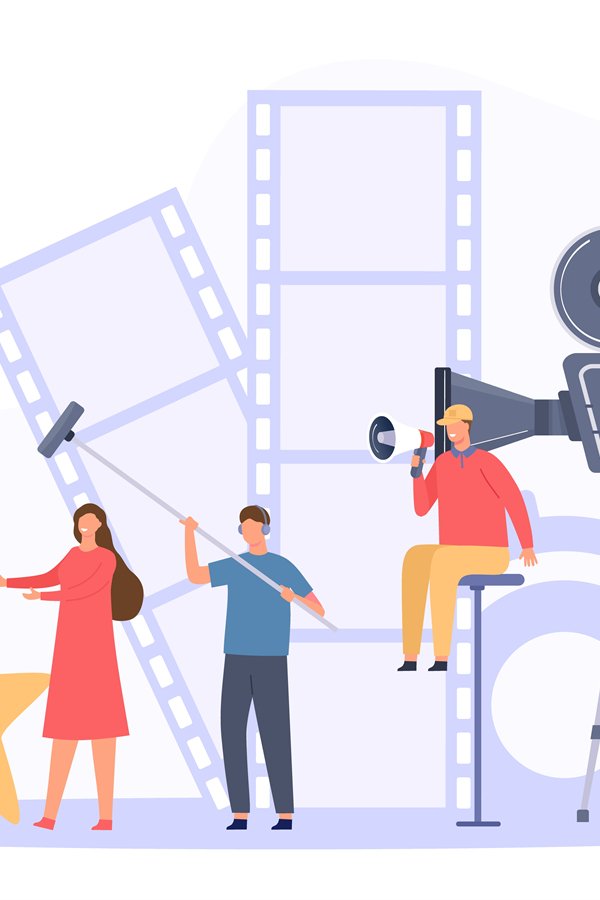 Movie production team shooting film actor on camera. Flat ci