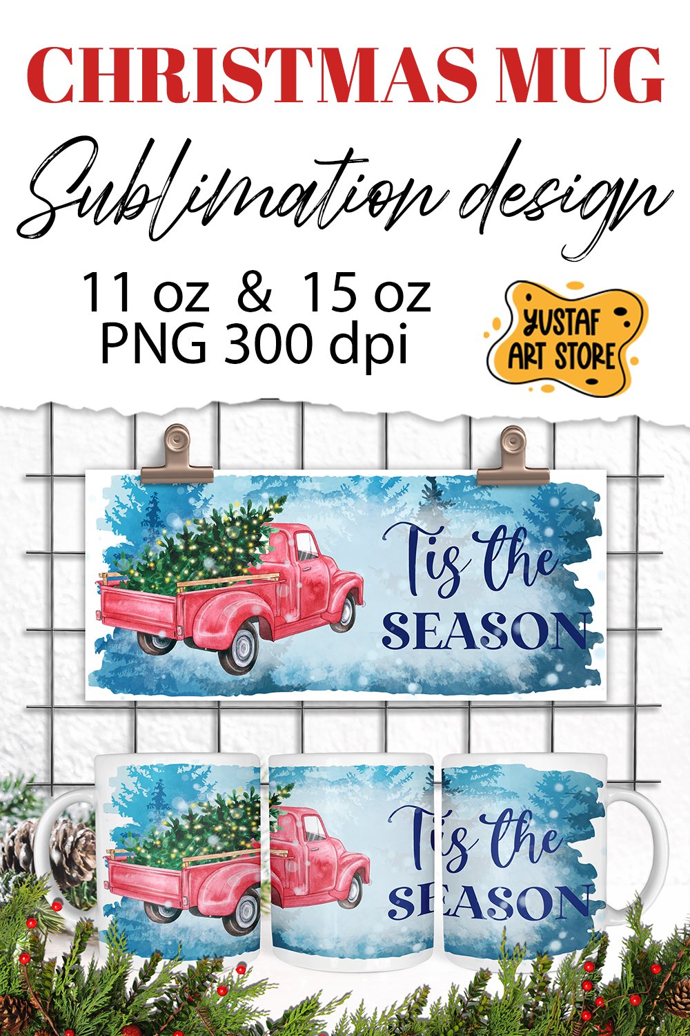Tis the Season sublimation mug. Christmas Red truck mug PNG