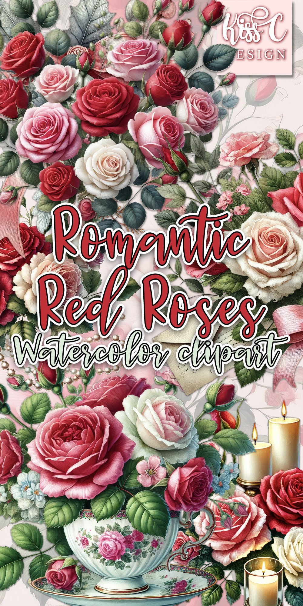 Watercolor Timeless Romantic Red Roses Clipart Bundle