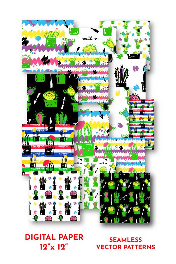 Bundle of digital papers Cactus with arrows, stripes
