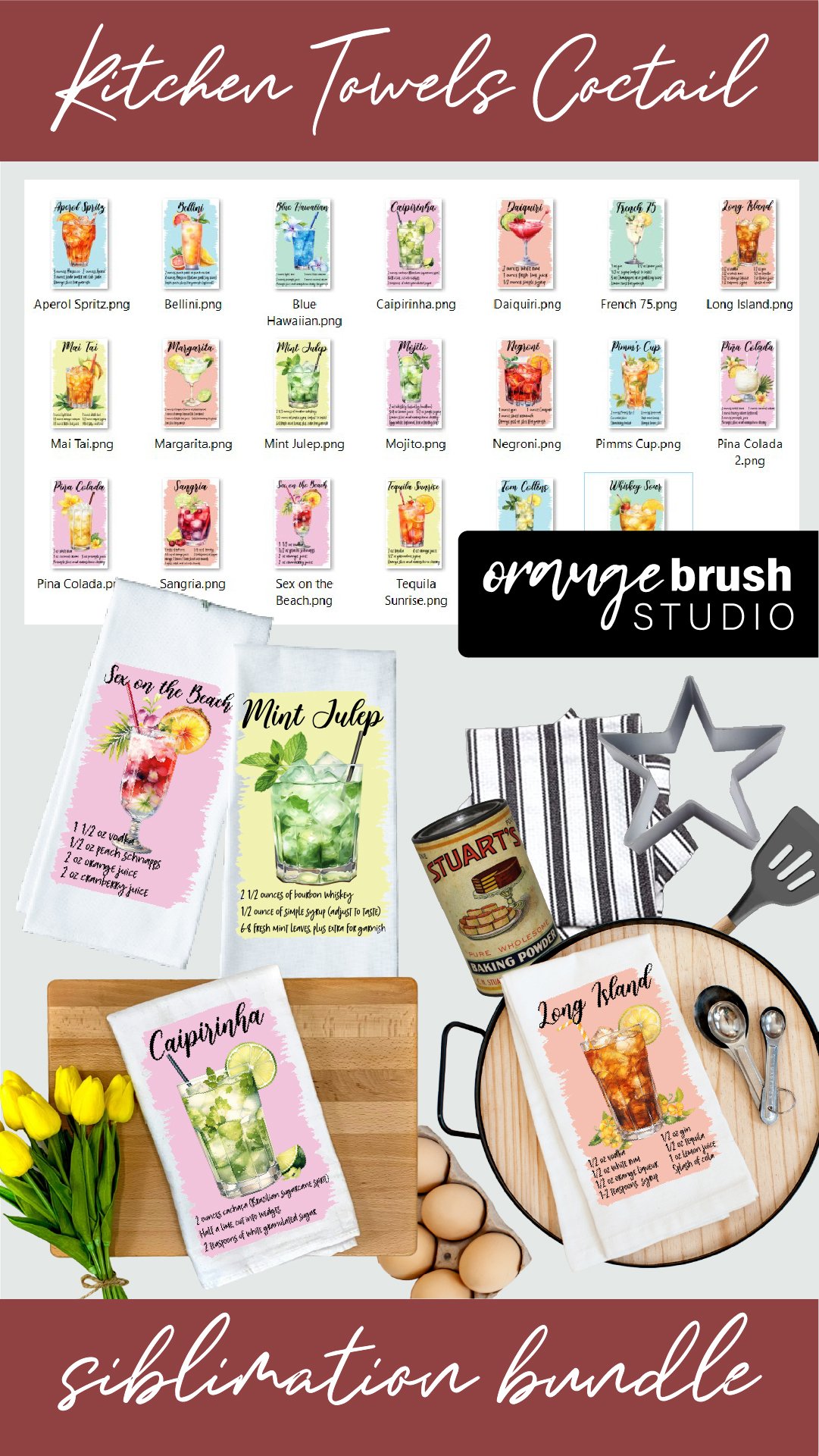 Kitchen Towel Sublimation Bundle, Cocktail Recipe 20 Designs