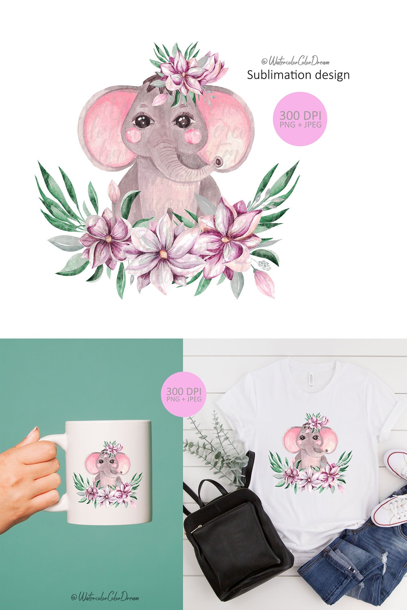 Floral Baby Elephant Sublimation design (1310791)