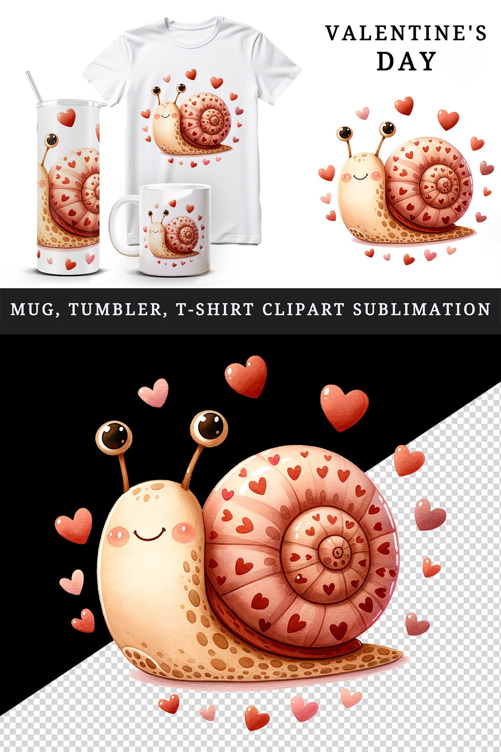 Valentine's Day snail tumbler mug wrap clipart design png