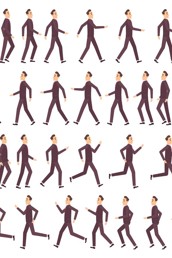 Running man. Businessman fast running keyframe animation 2d