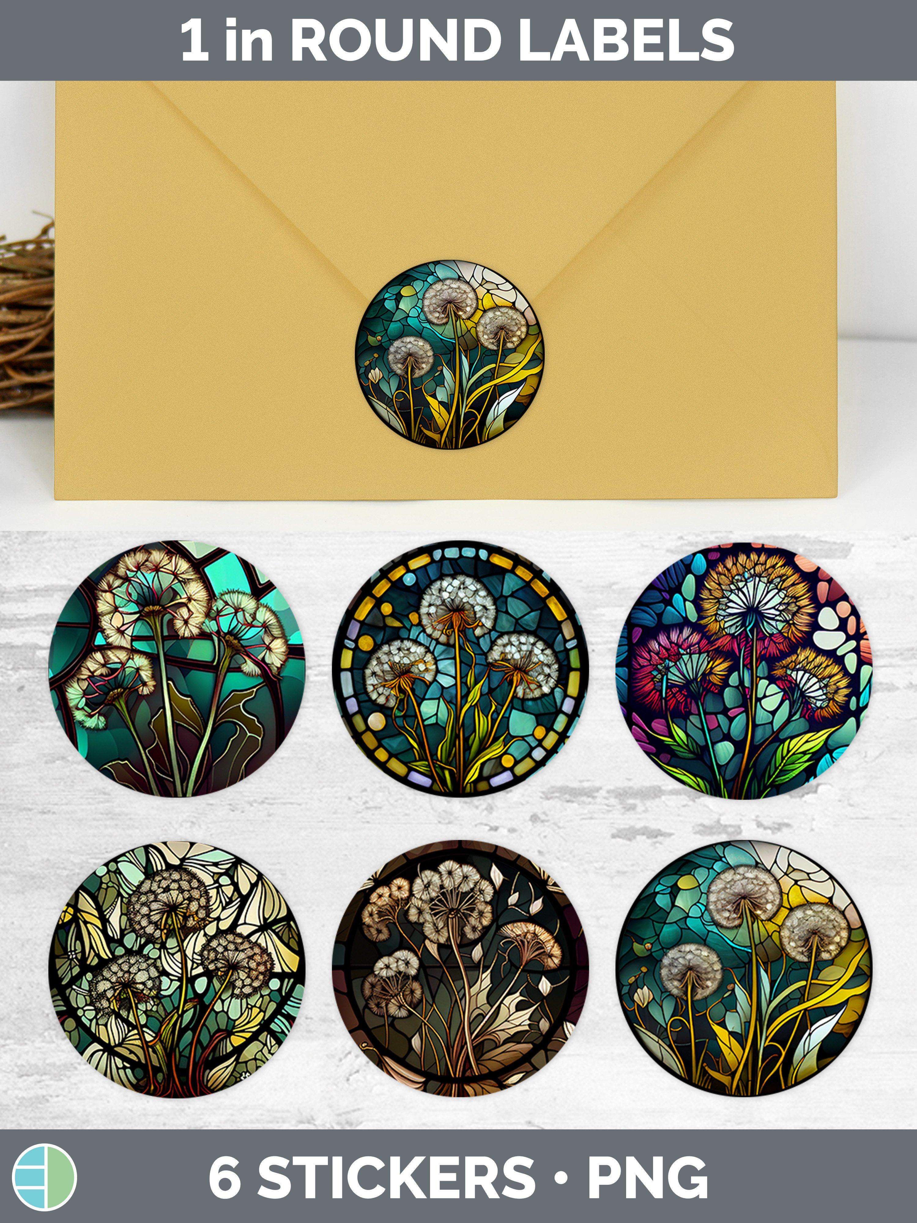 Stained Glass Dandelion Flowers Stickers | Round Labels Desi