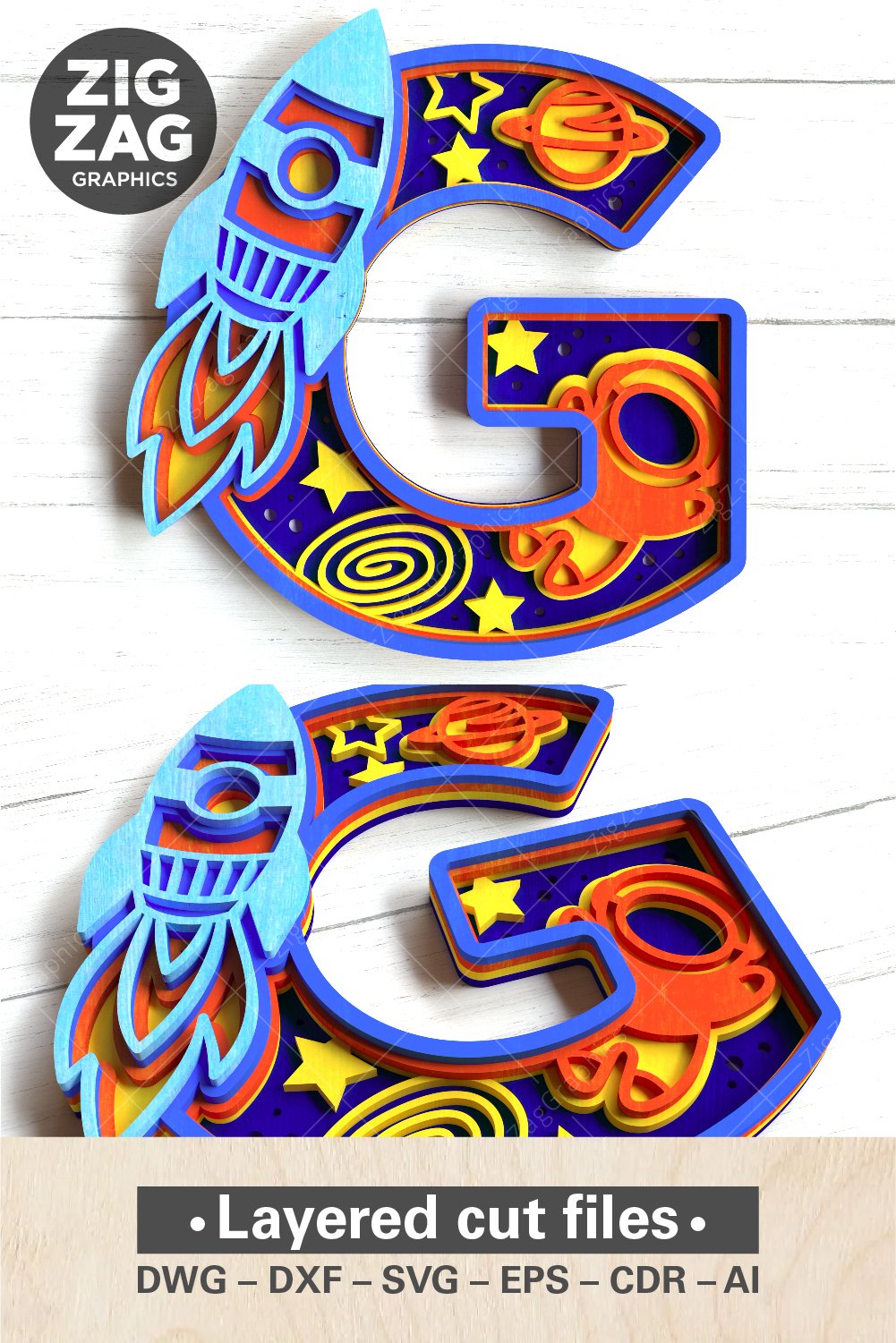 layered kids letter G with space rocket astronaut and stars
