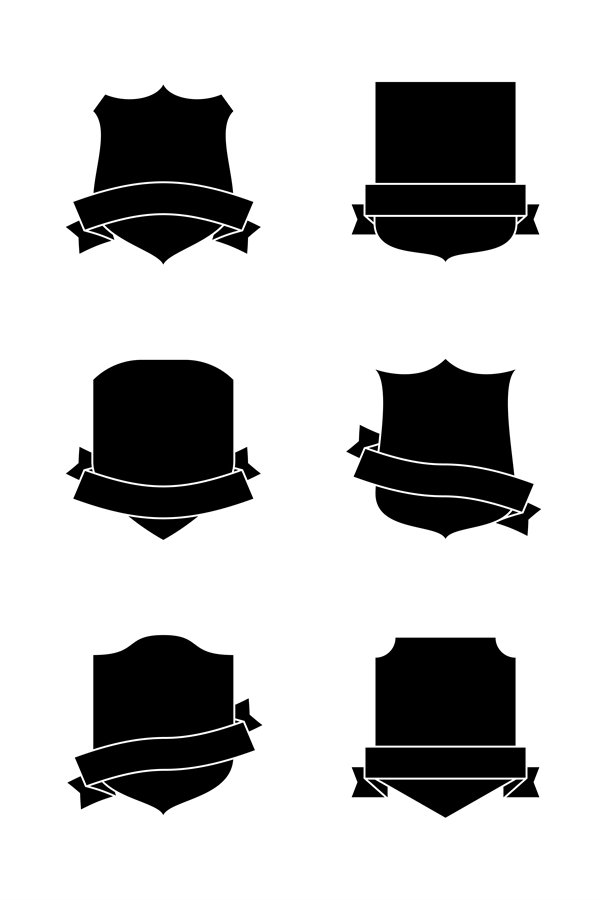 Black shield labels with ribbons. Heraldic royal blazon badg