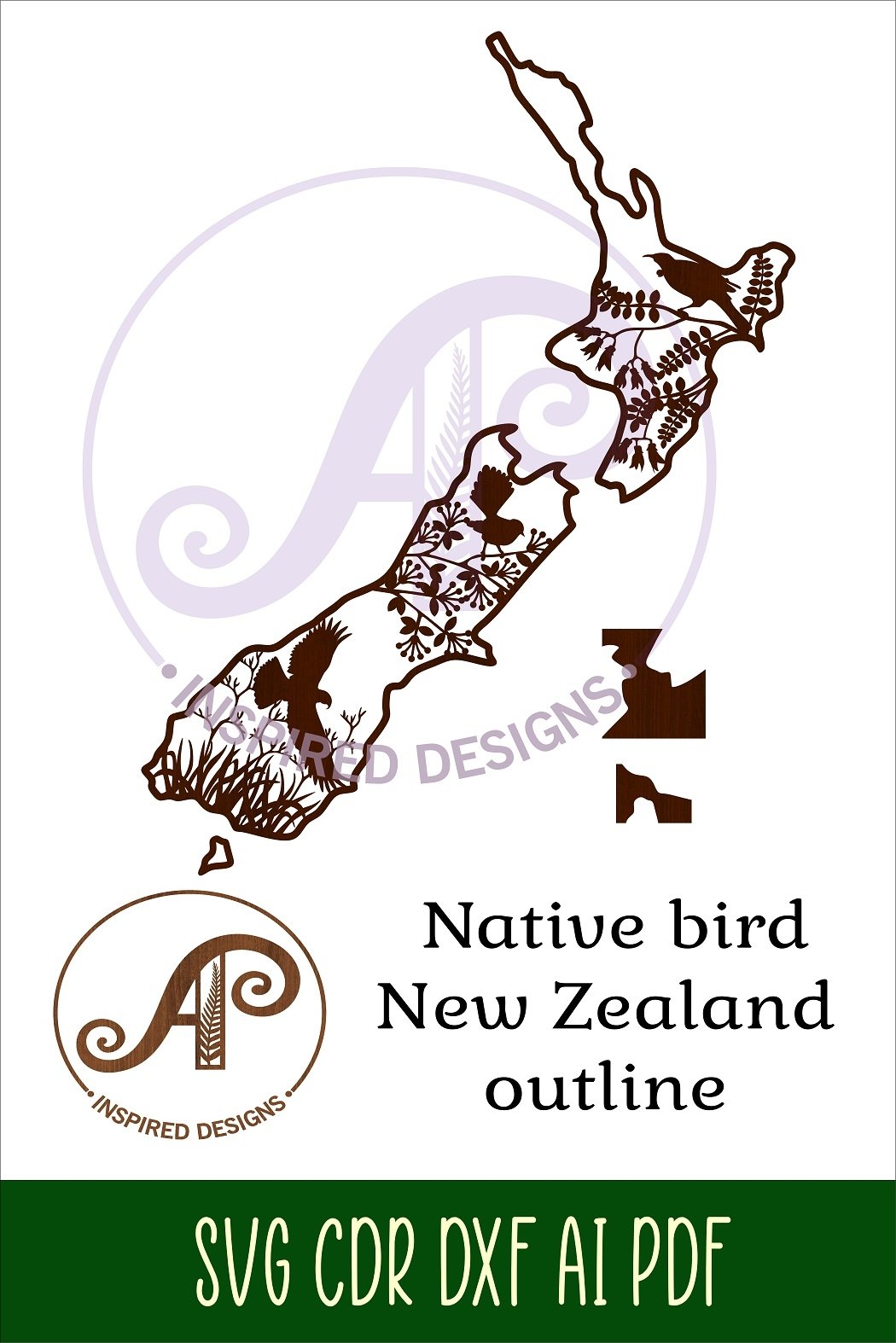New Zealand with native birds outline SVG laser cut file