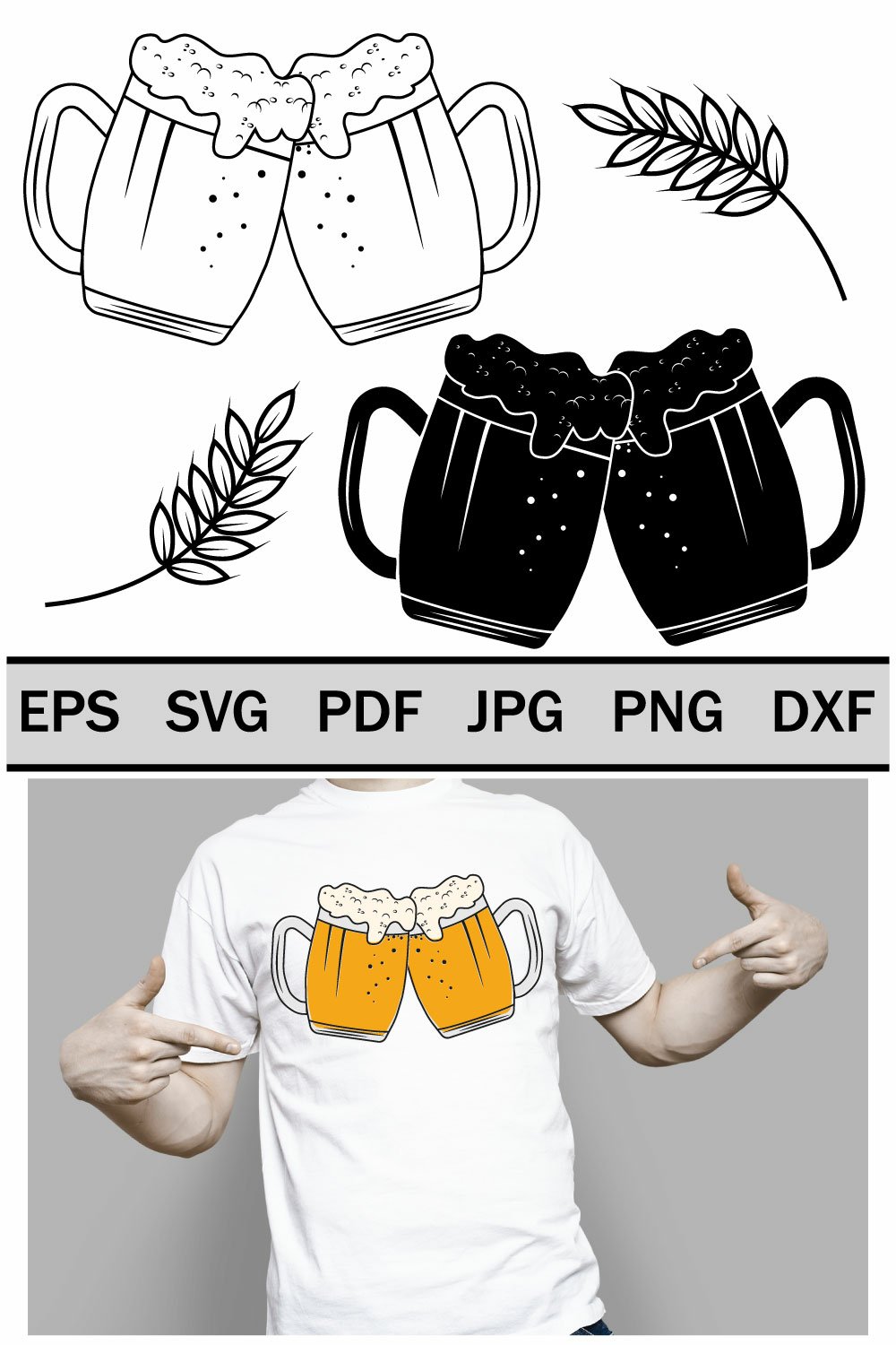 Beer mugs, clipart, stencil, contour, svg print, stencil