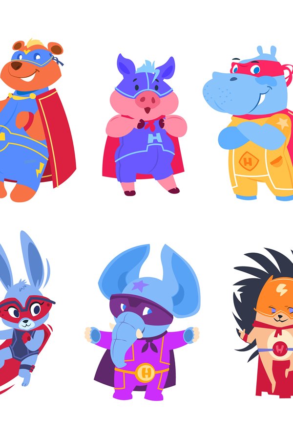 Superhero animals. Baby superheroes vector characters set