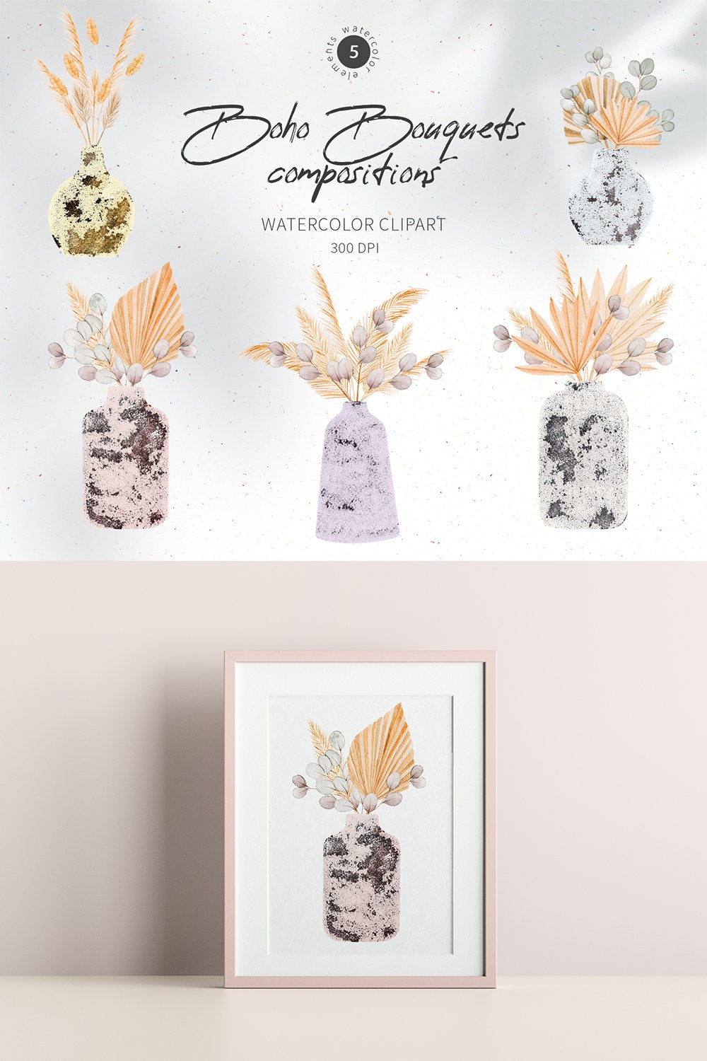 Boho floral bouquets in vases watercolor clipart