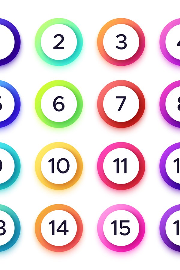 Numbers in colorful gradient frames. Vector set