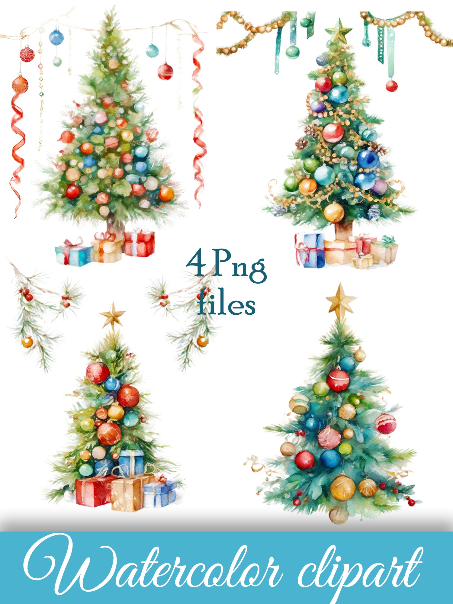 Christmas Tree Sublimation Watercolor Clipart / 4 (3041960)