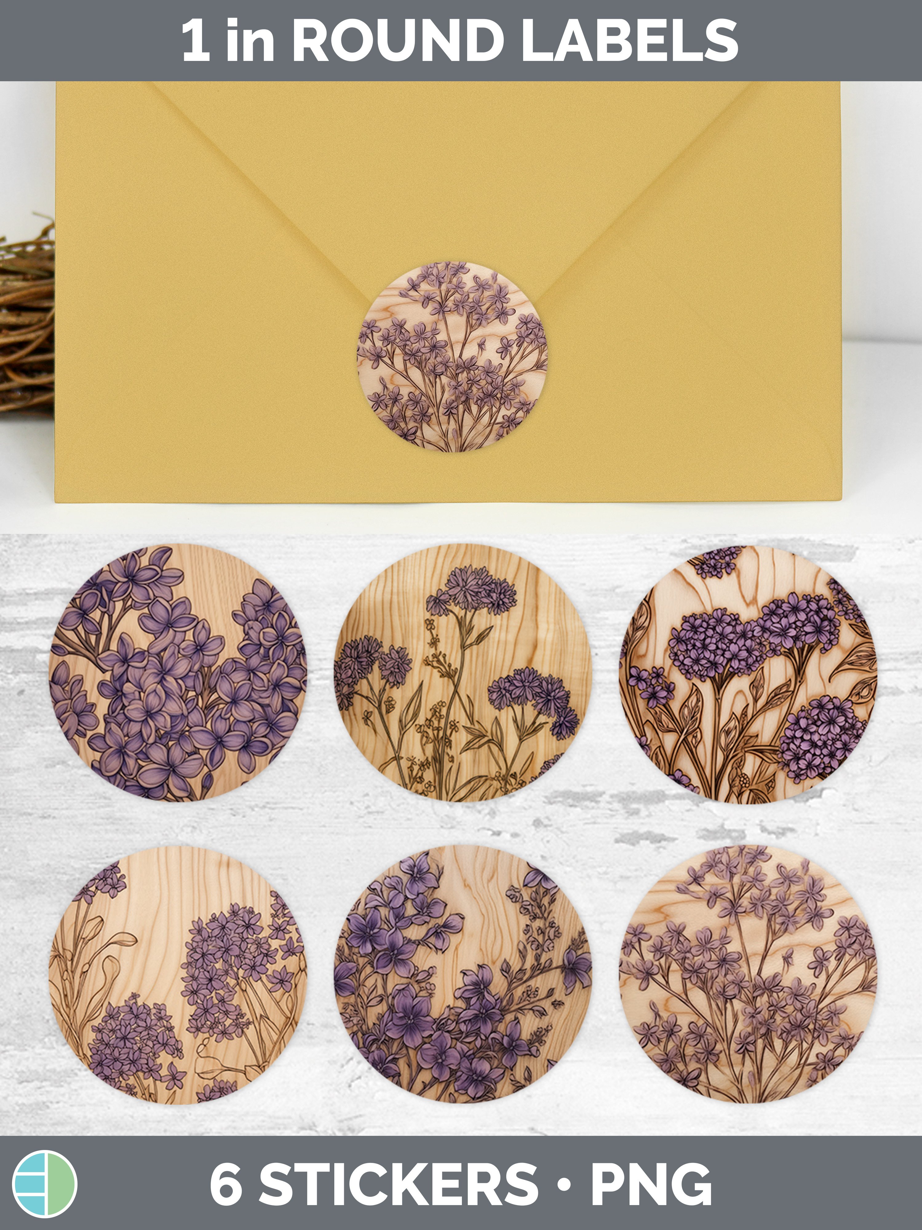 Wood Burned Lilac Flowers Stickers | Round Labels Designs Bu