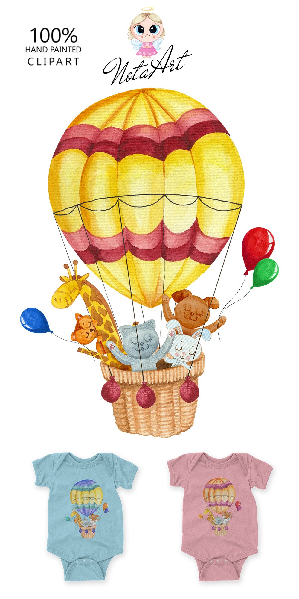 Watercolor illustration of animals in a balloon