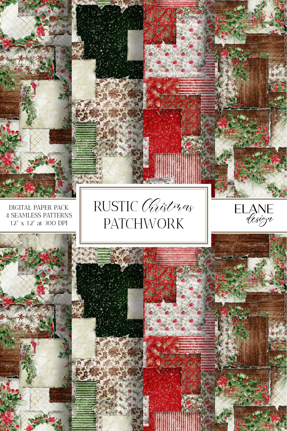 Rustic Christmas Patchwork Digital Paper, Scraps Collage