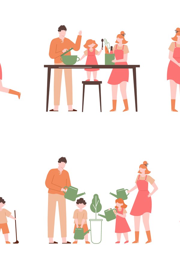 Parents and children at home. Family indoor activity, happy