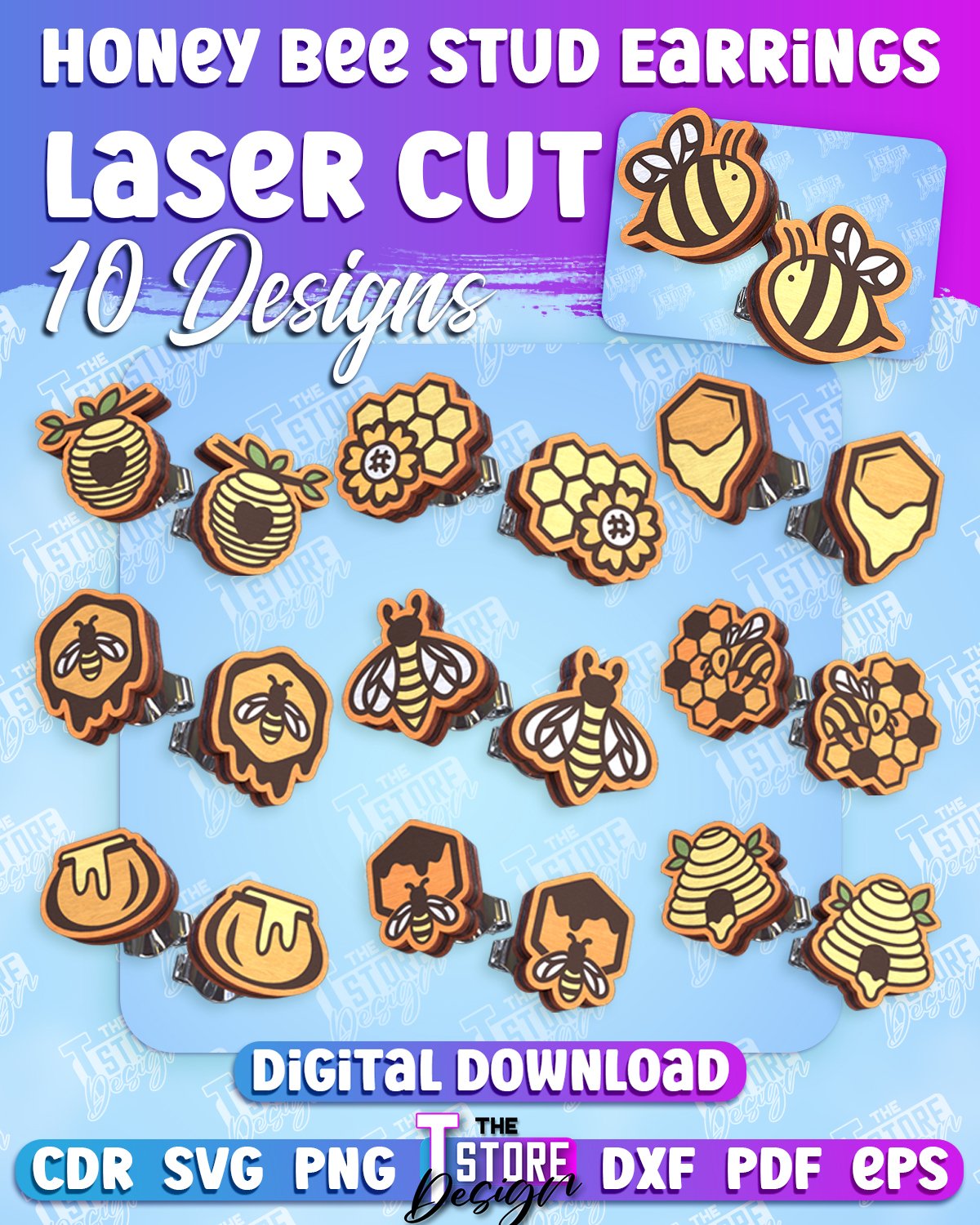 Bee Stud Earrings Laser Cut | Honey Bee Jewelry SVG Design