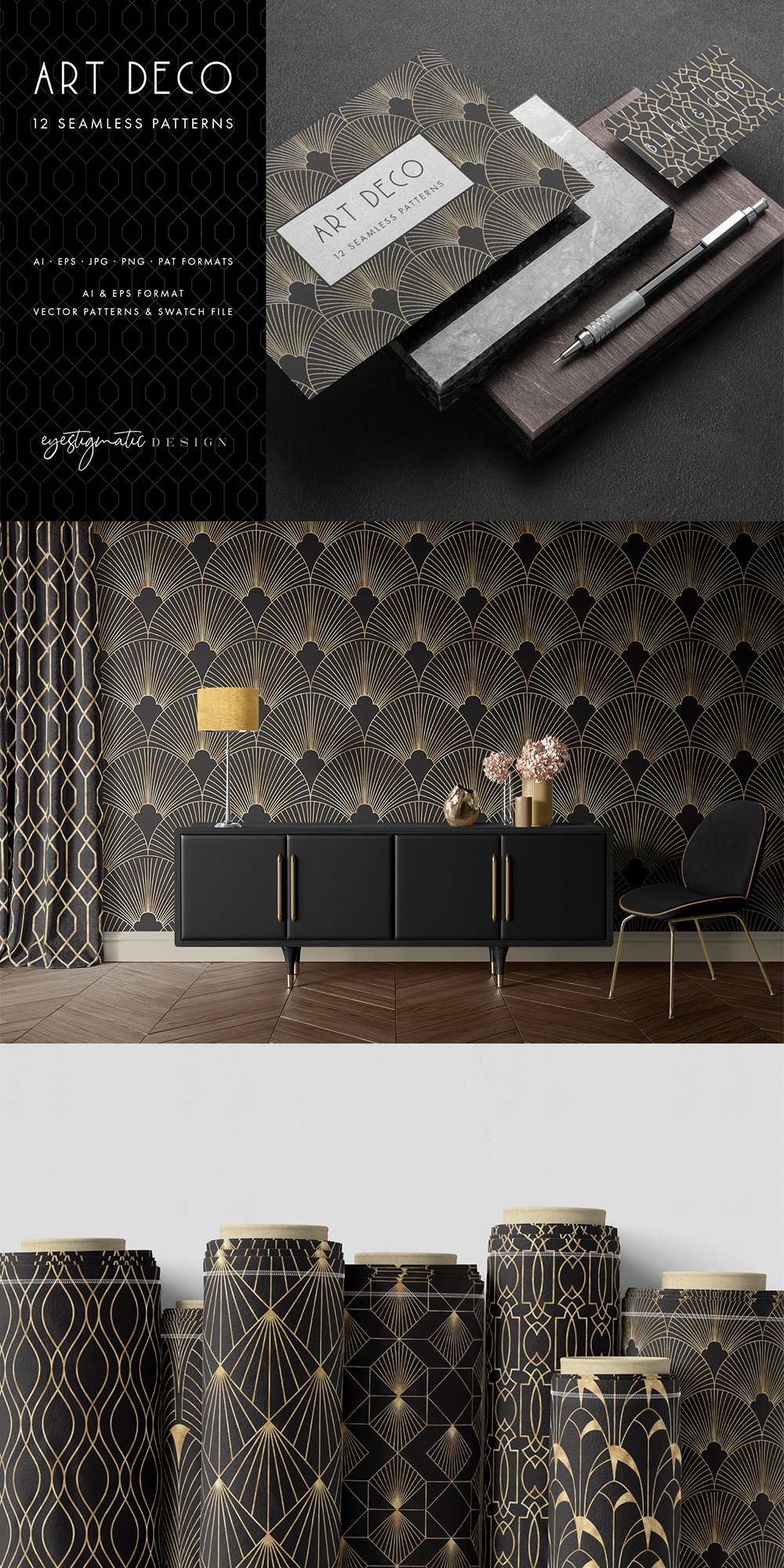 12 Seamless Art Deco Patterns - Gold & Black