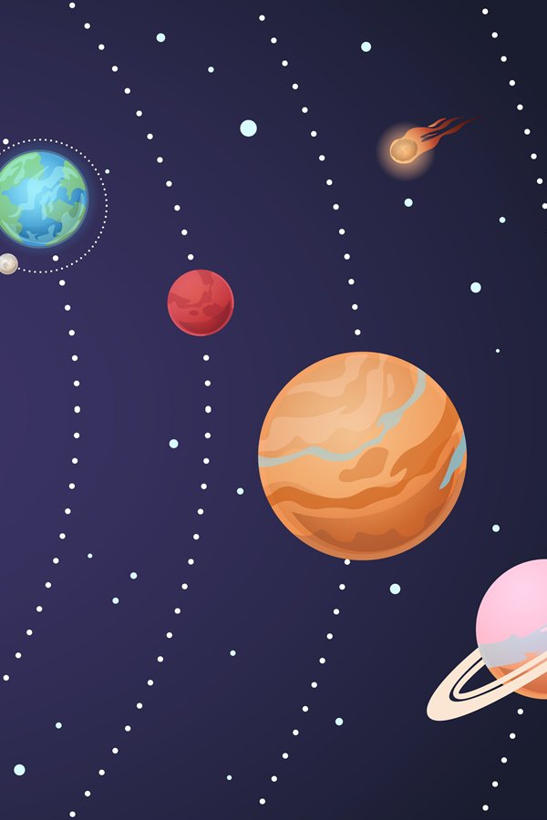 Solar system. Cartoon sun and earth, planets on orbits. Astr