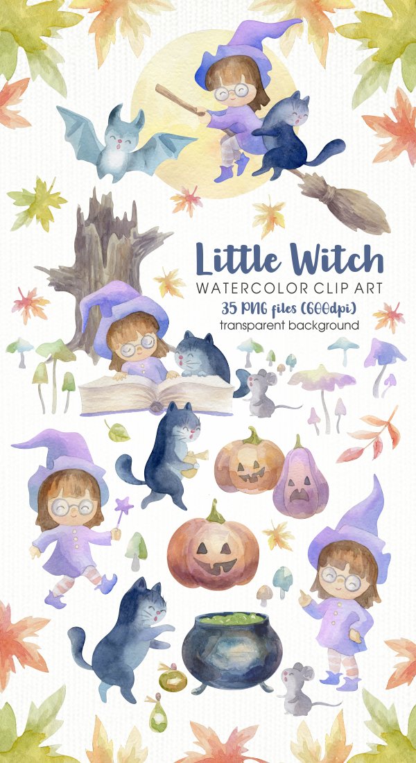 Little Witch and Cat. Halloween watercolor clip art