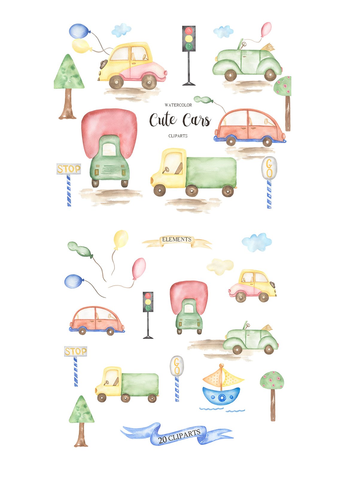 Watercolor Cute Cars Clipart Set