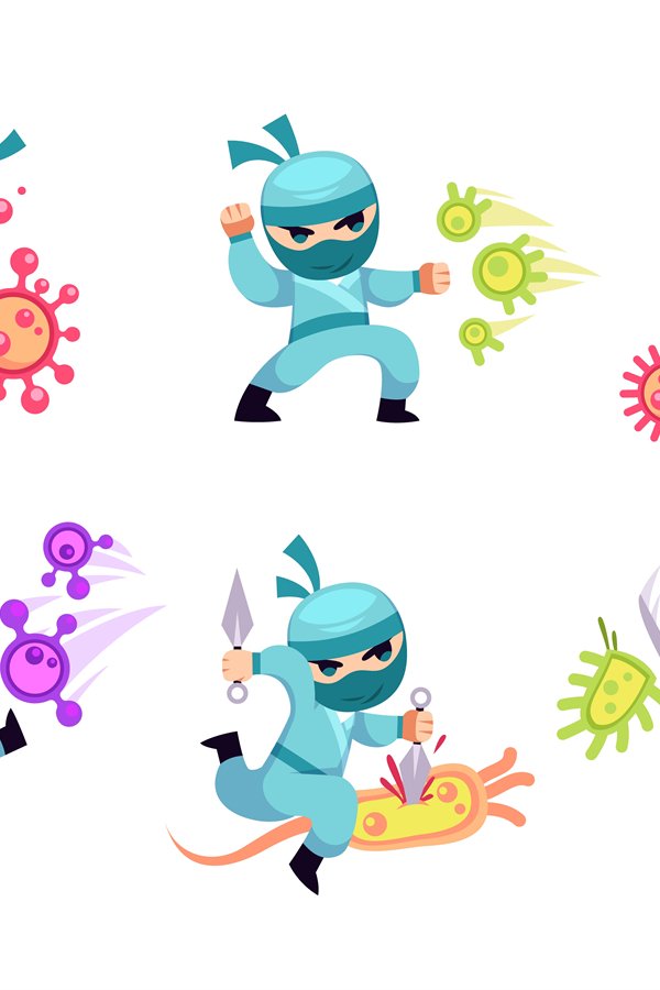 Ninja doctor fight virus. Medical character against microbes