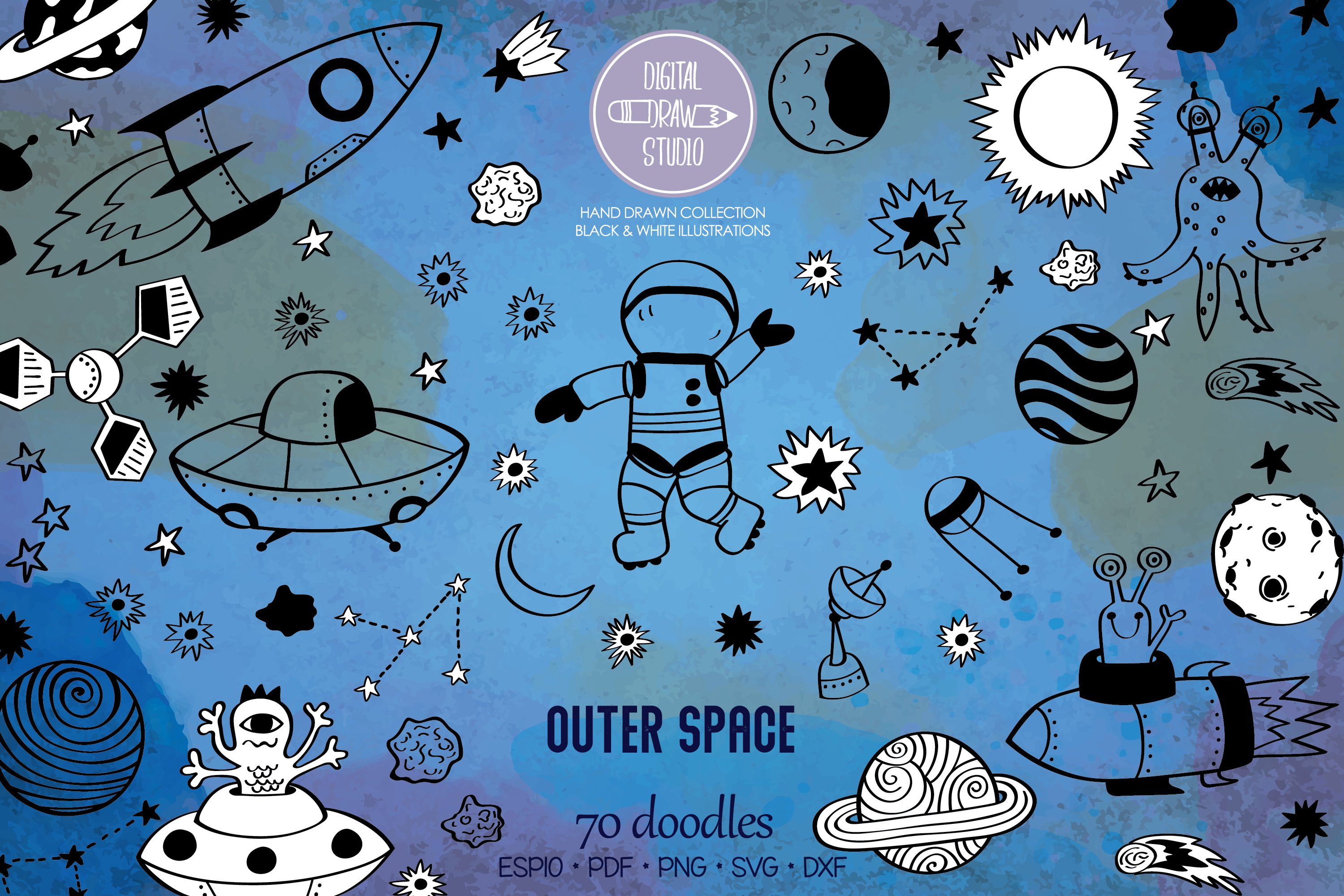 Outer Space | Hand Drawn Planets | Astronaut & Alien UFO