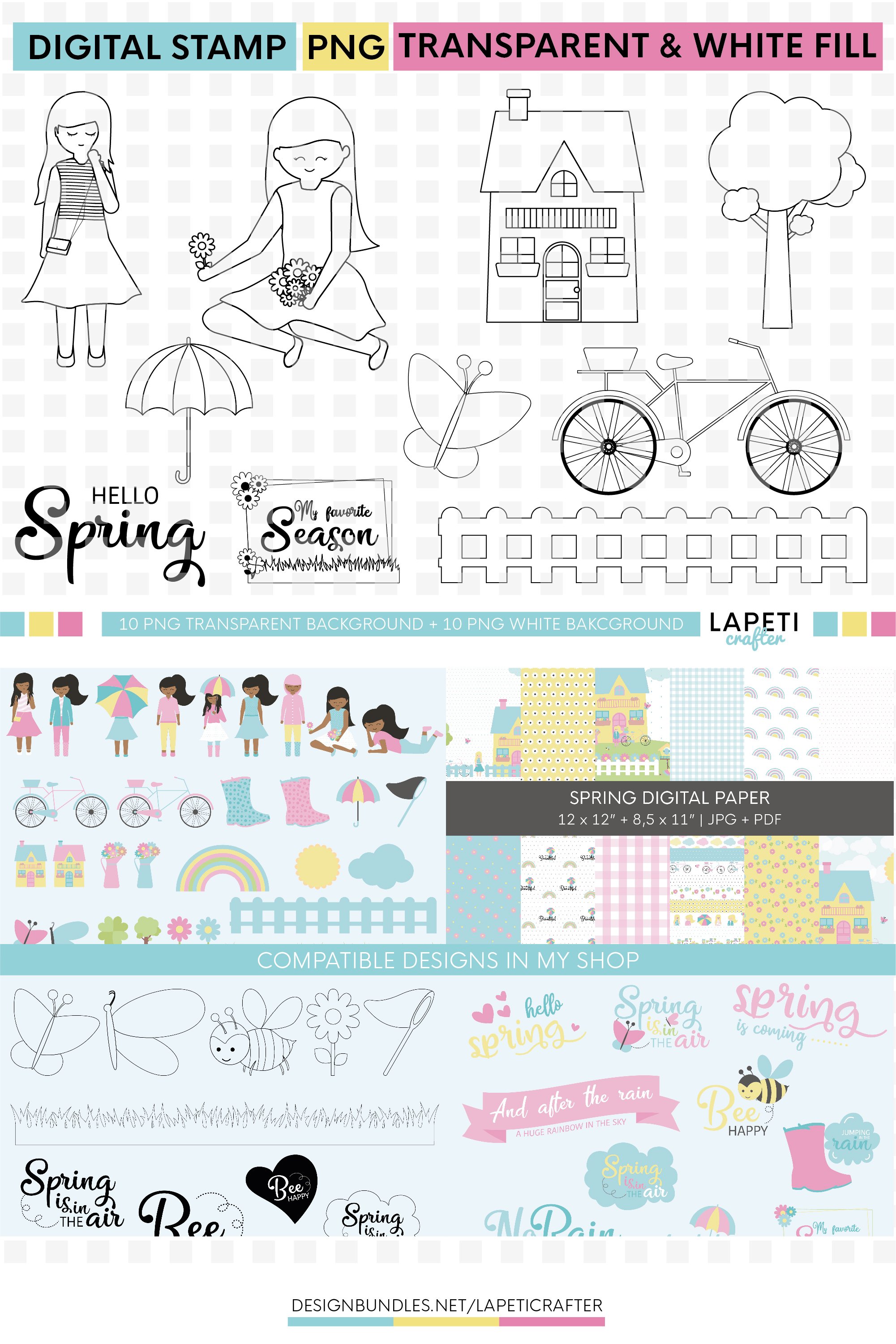 Digital stamp with spring illustrations | Stamp in PNG & PDF