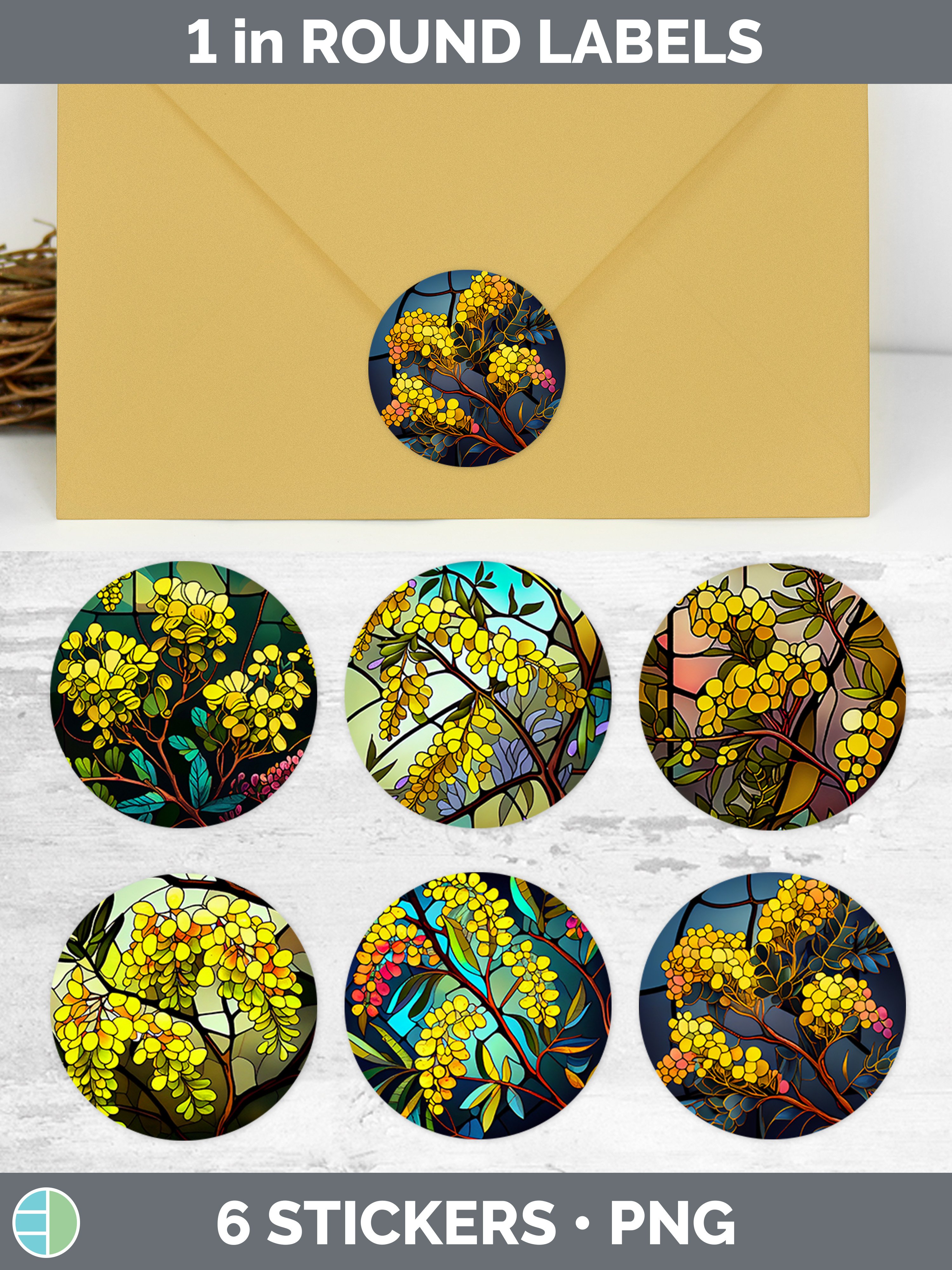 Stained Glass Acacia Flowers Stickers | Round Labels Designs