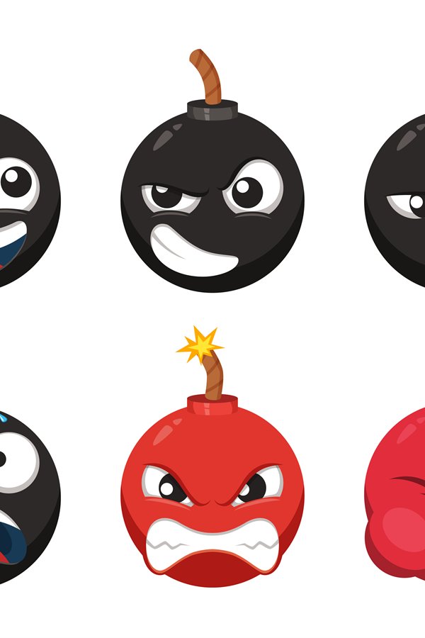 Cartoon character of funny bomb with different emotions. Vec