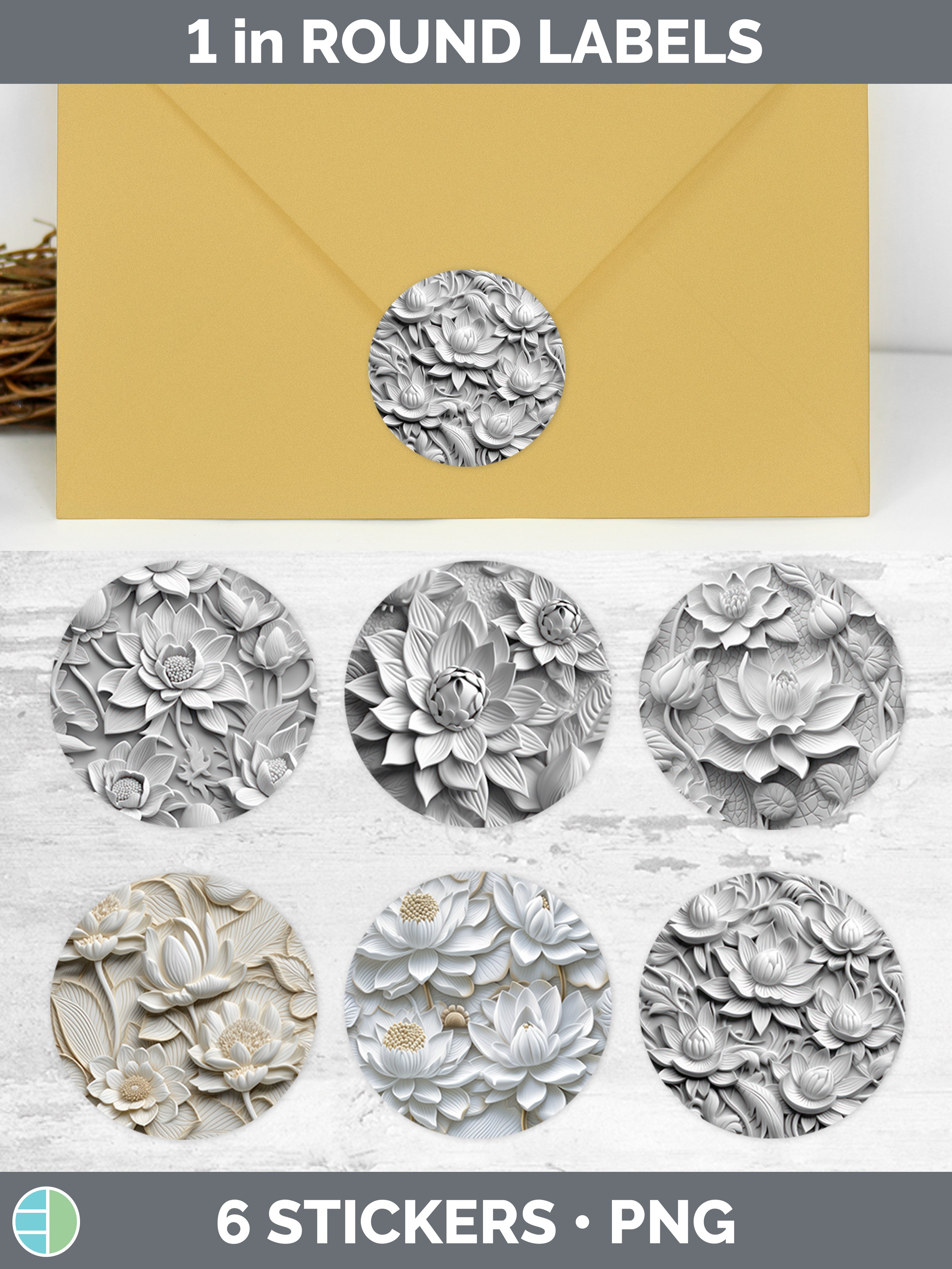 3D White Lotus Flowers Stickers | Round Labels Designs Bundl