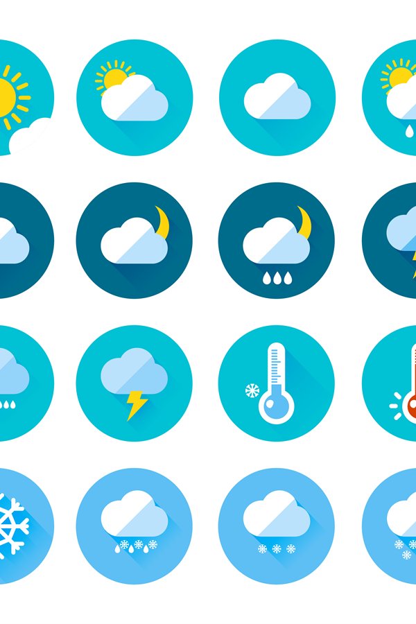 Colored weather icons in flat style. Different visualization
