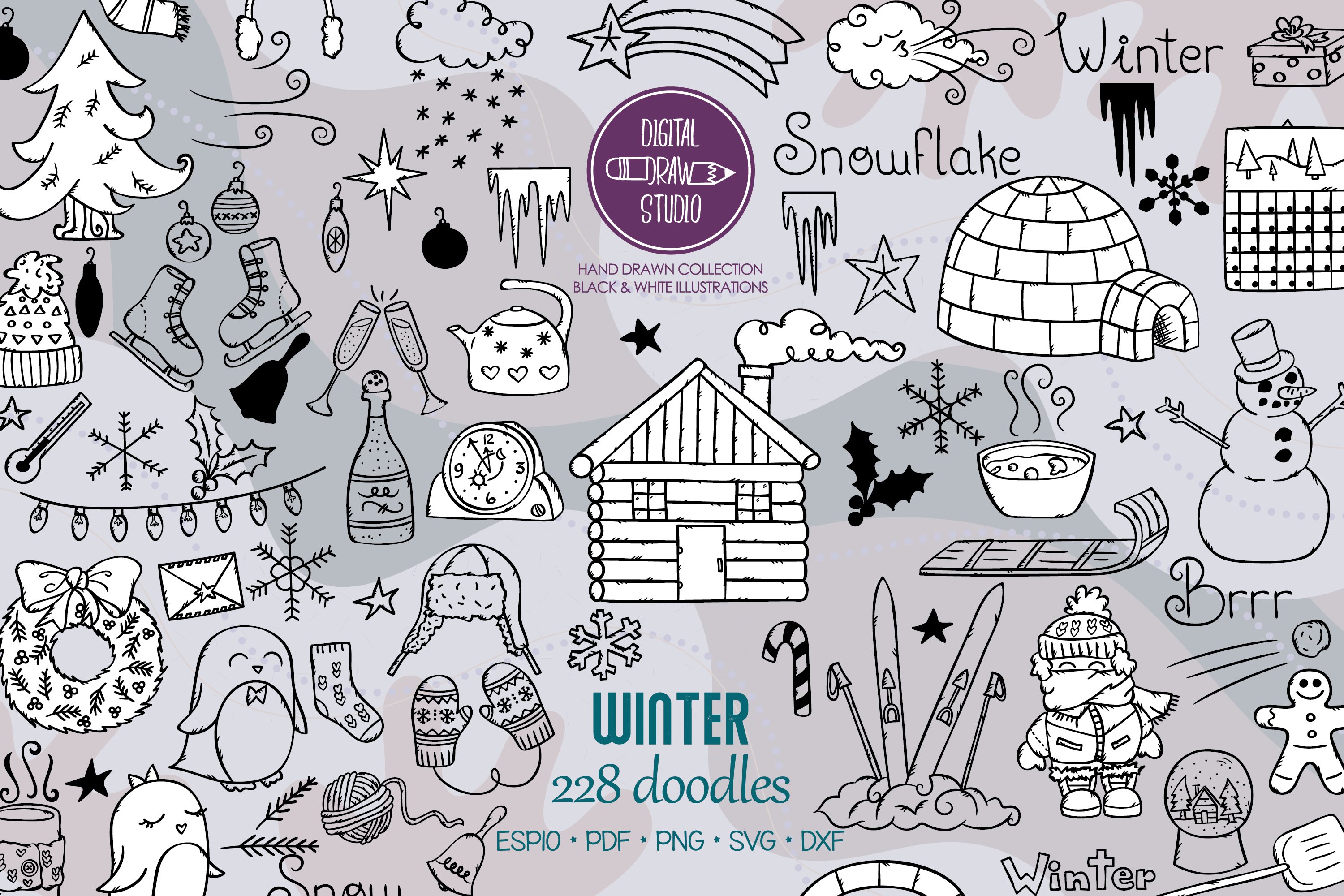 Winter Season Doodle, Mitten, Igloo, Snowman, Penguin, Sport
