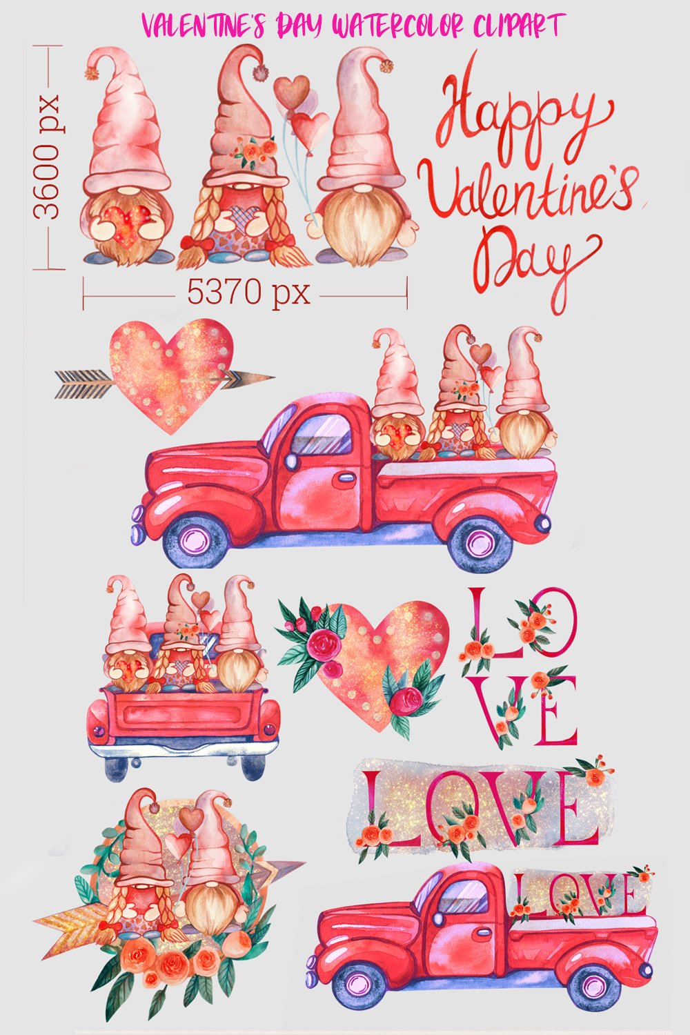 Valentines Day Bundle. Watercolor Gnomes. Valentines